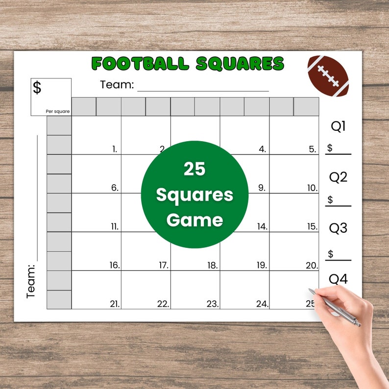 25 Squares Football Squares Game Printable, Football Fundraiser ...