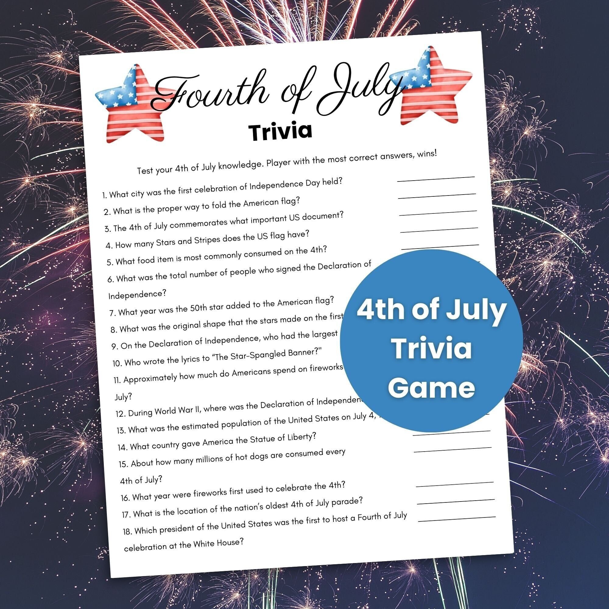 4th of July Trivia Game, 4th of July Printable Games, Trivia Questions ...