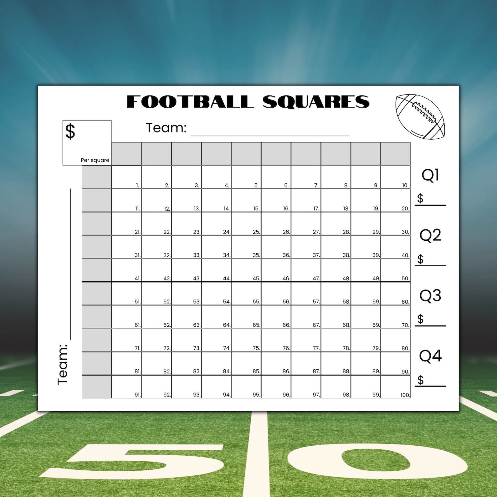 Football Squares Game Printable, Football Fundraiser, Football Betting ...