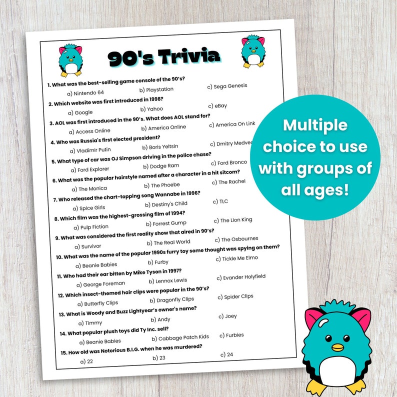 90s Trivia Game, 90s Theme Party Game, 1990s Trivia Game, 90s Birthday ...