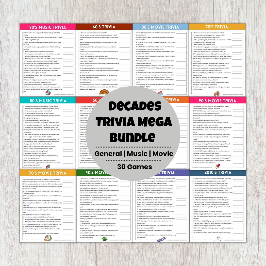 Decades Trivia Mega Bundle, Decades Trivia, Music Trivia, Movie Trivia ...