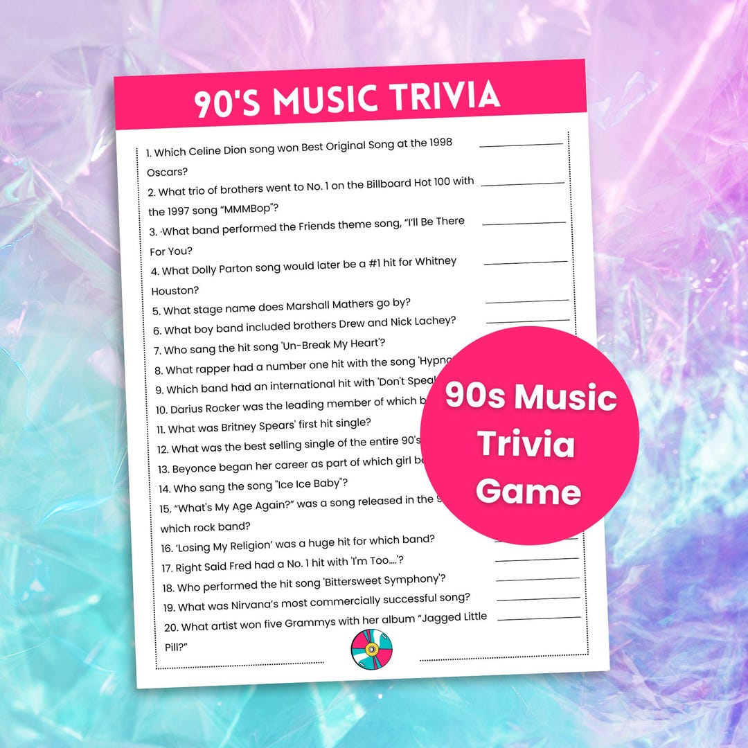 90s Music Trivia Game, 90s Theme Party Game, 1990s Trivia, 30th ...