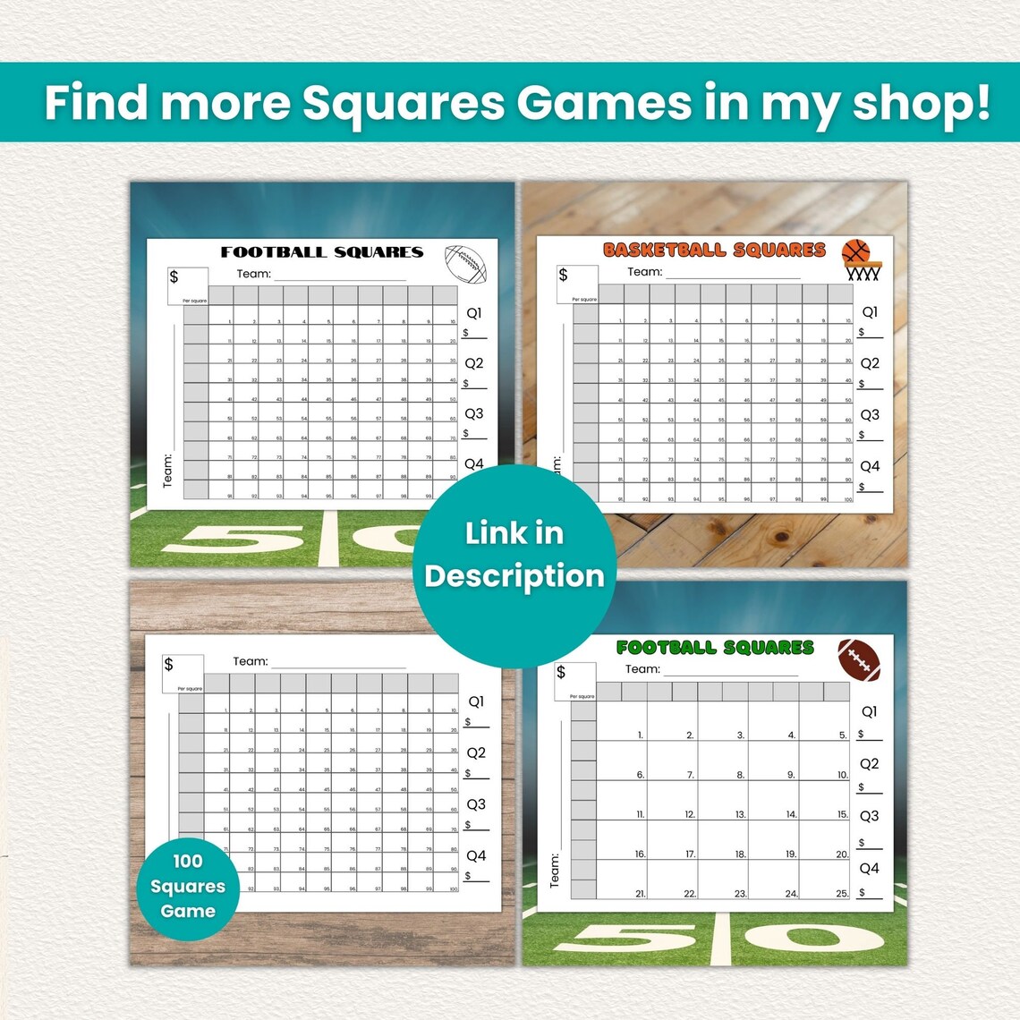 50 Squares Game Blank Template for Fundraisers, Sports Games, Football ...