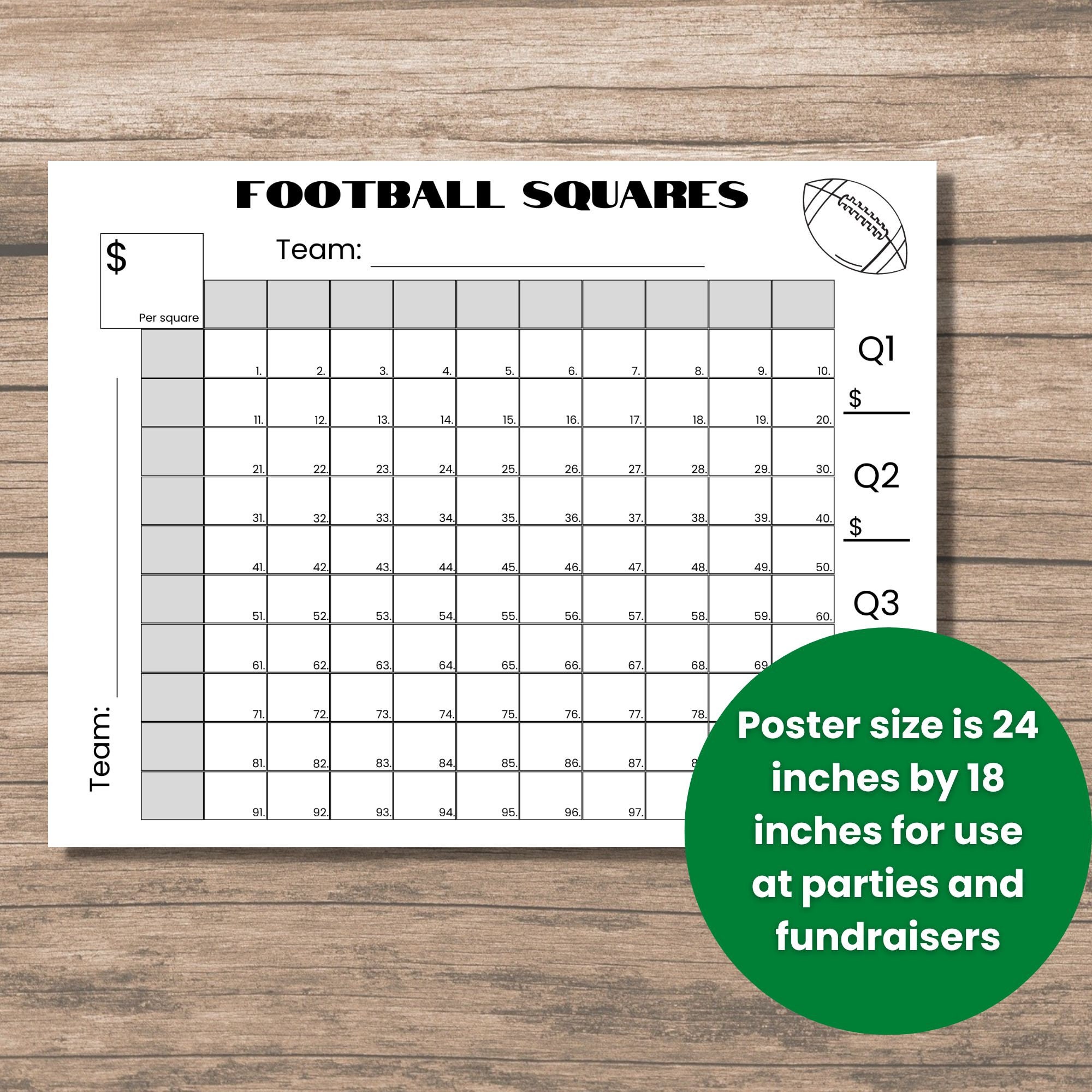 Football Squares Game Printable Poster Size 24x18 Inches, Football ...