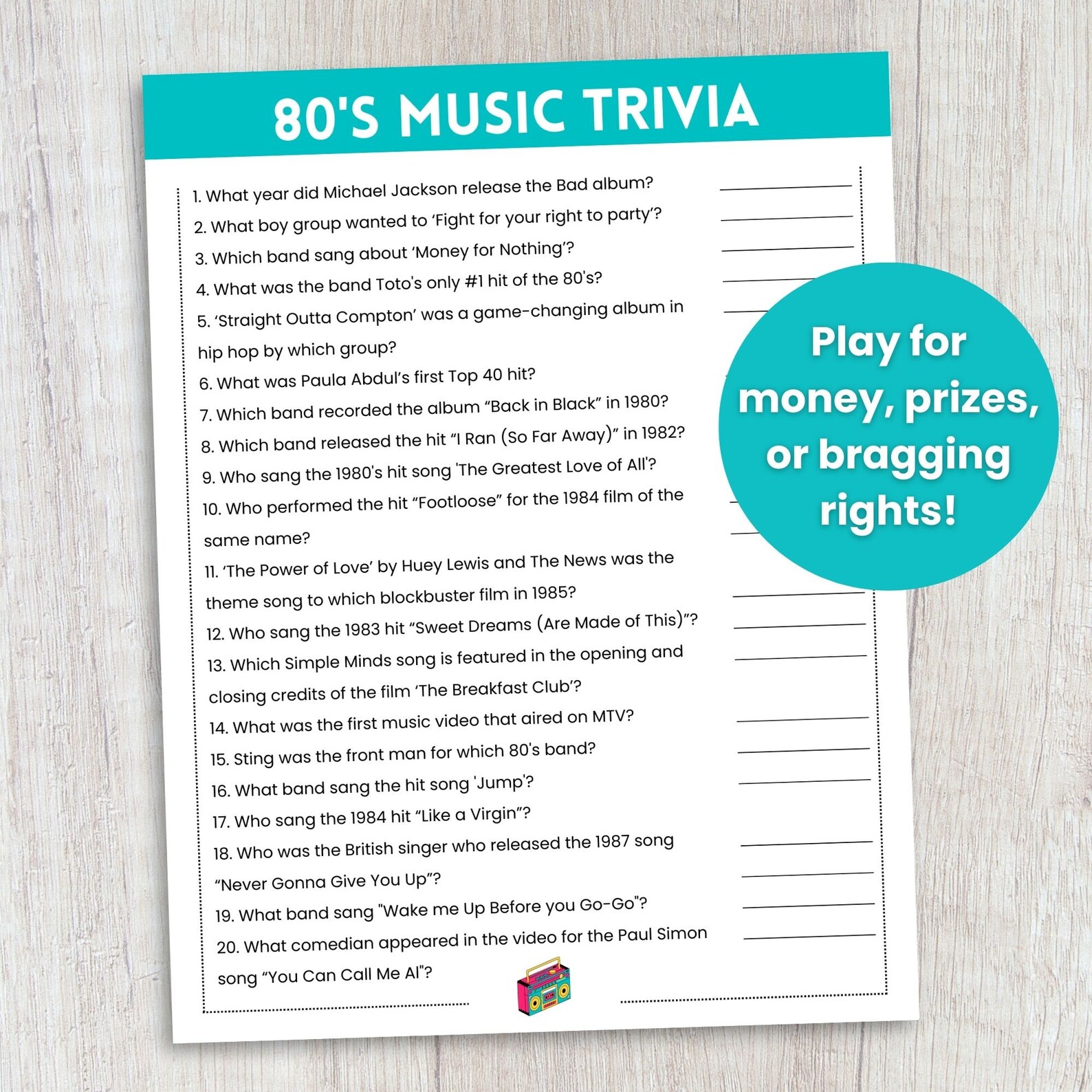 80s Music Trivia Game, 80s Theme Party Game, 80s Trivia, Decades Trivia ...