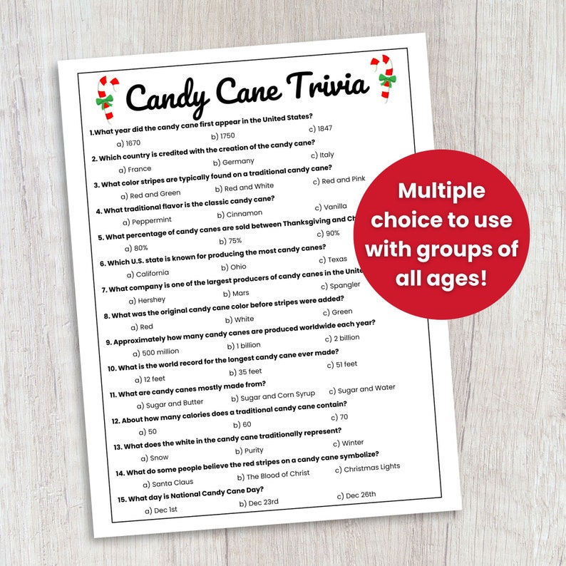 Candy Cane Trivia, Candy Cane Games, Christmas Trivia Game, Office ...