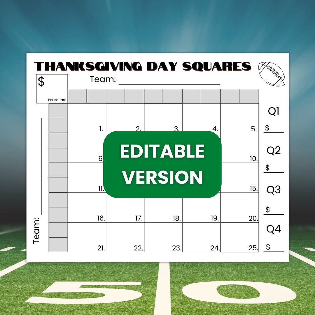 Editable Thanksgiving Day 25 Squares Game, Football Squares Game ...