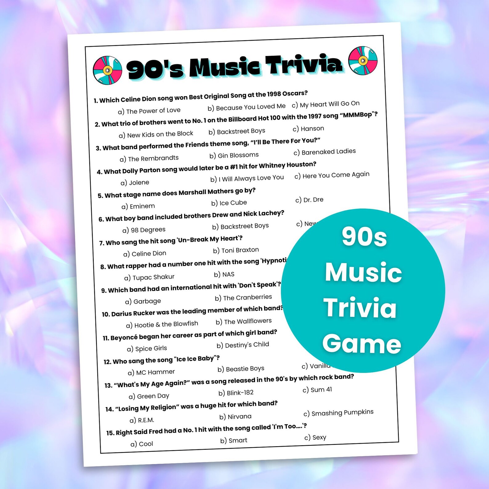 90s Music Trivia Game, 90s Theme Party Game, 1990s Trivia Game, 90s ...