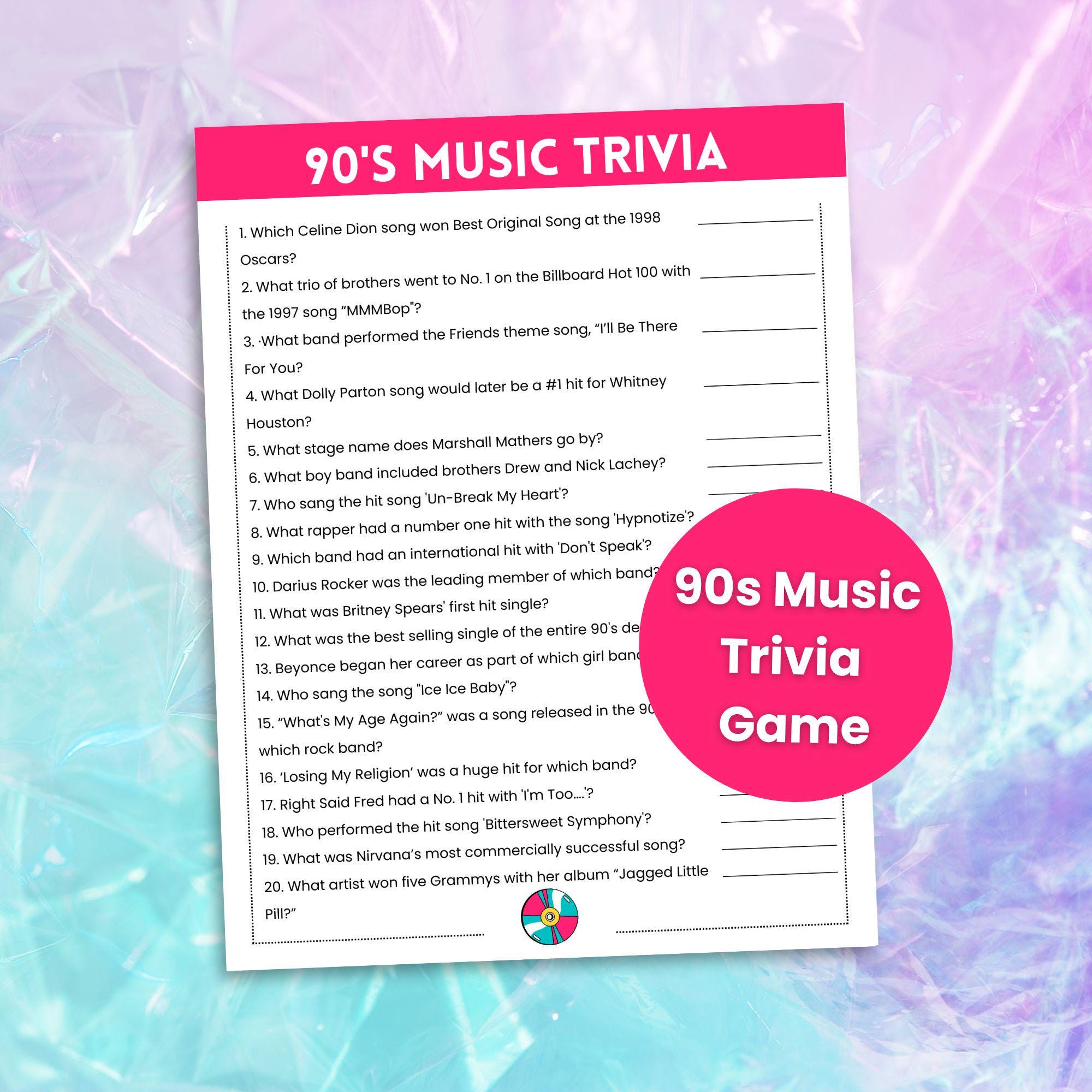 90s Music Trivia Game, 90s Theme Party Game, 1990s Trivia, 30th ...