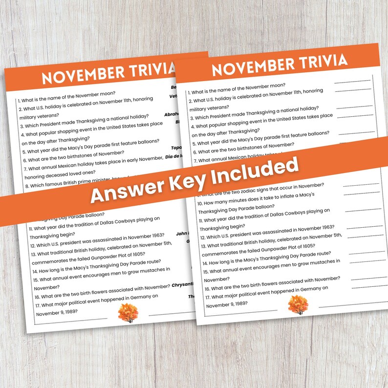 November Trivia Game, Thanksgiving Trivia, Fall Trivia, Trivia Night ...