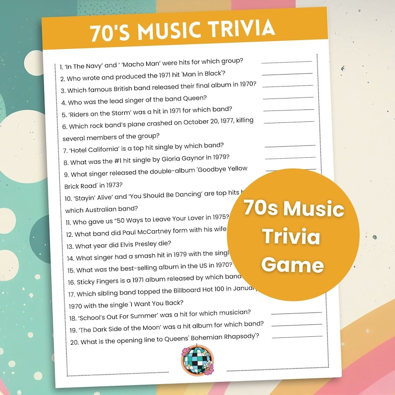 70s Music Trivia Game, 70s Theme Party Game, 70s Trivia, Trivia Game ...