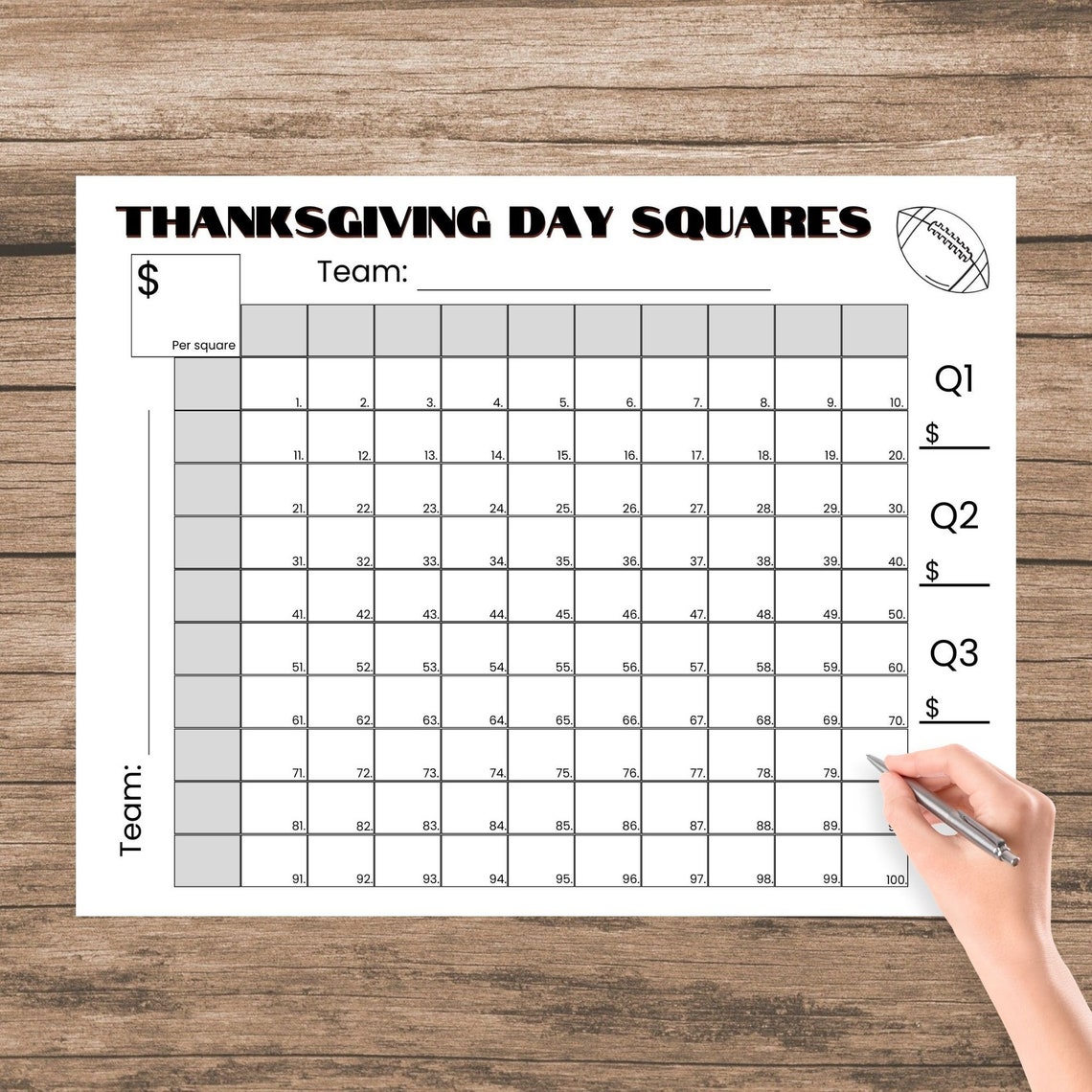 Thanksgiving Day Squares Game, Football Squares Game, Football Betting ...