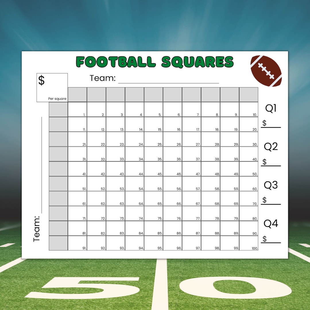 Football Squares Game Printable With Color, Football Fundraiser ...