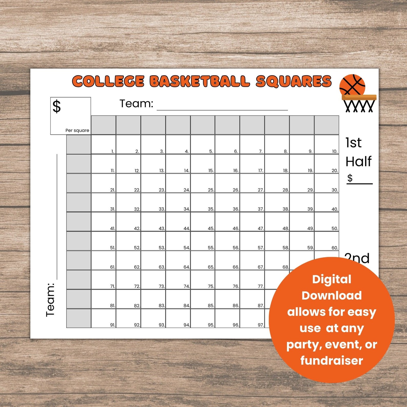 Editable College Basketball Squares Game, Sports Betting Game, 100 ...