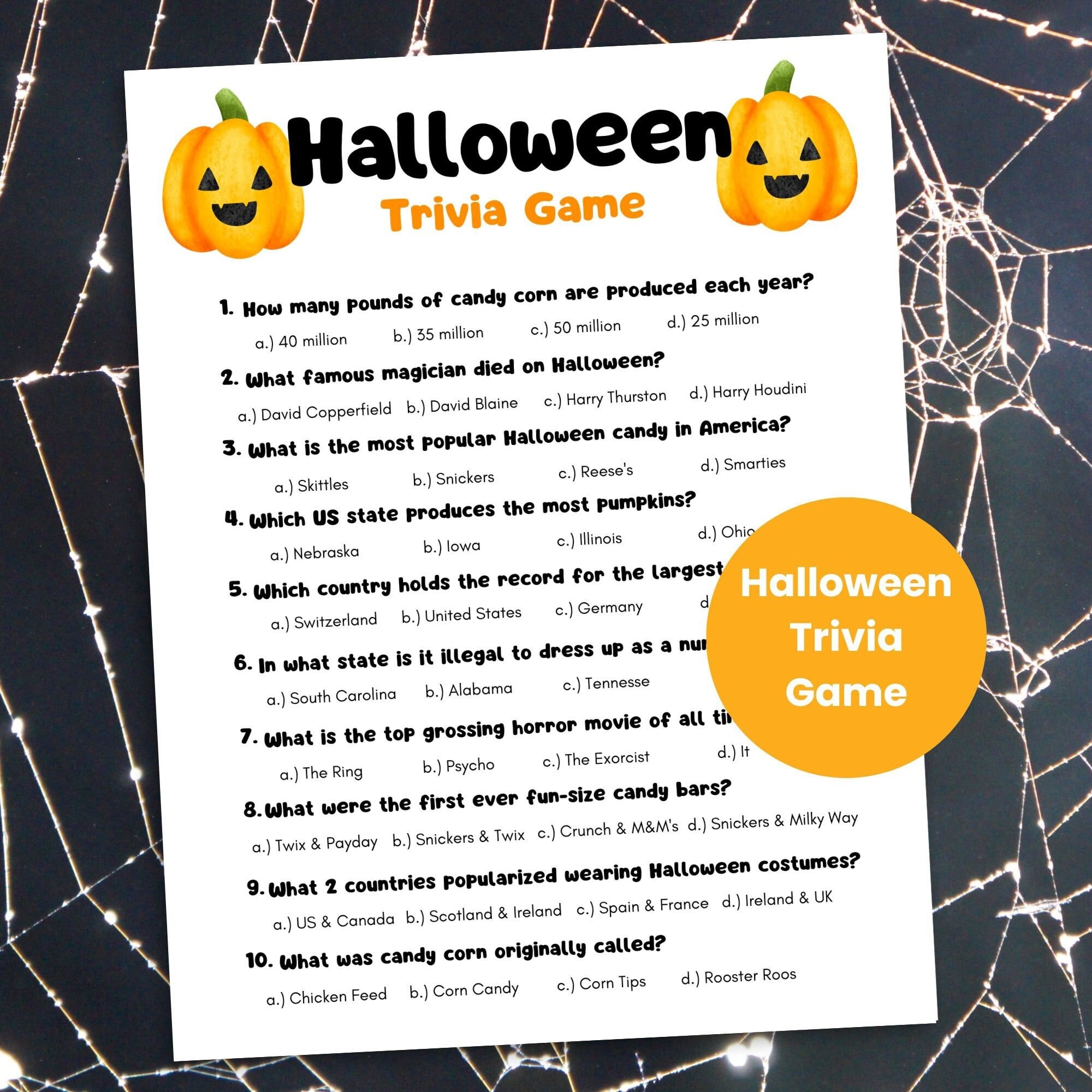 Halloween Trivia Game Printable, Halloween Activity for Kids and Adults ...