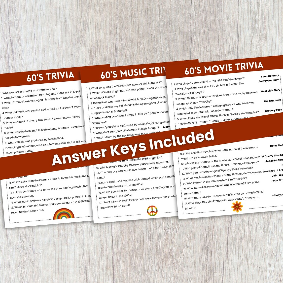60s Trivia Game Bundle, 60s Music Trivia, 60s Movie Trivia, 60s Party ...