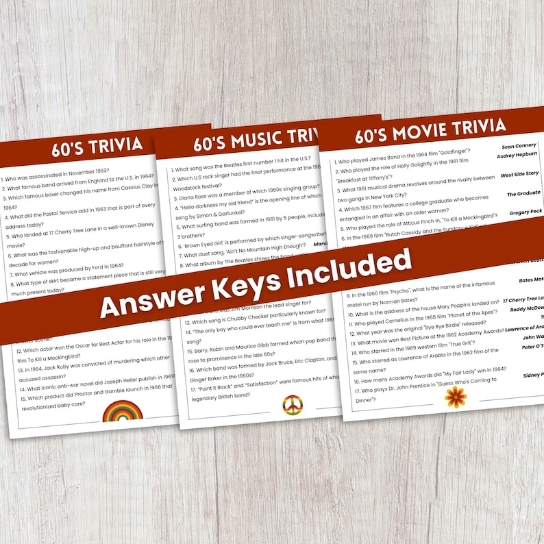 60s Trivia Game Bundle, 60s Music Trivia, 60s Movie Trivia, 60s Party ...