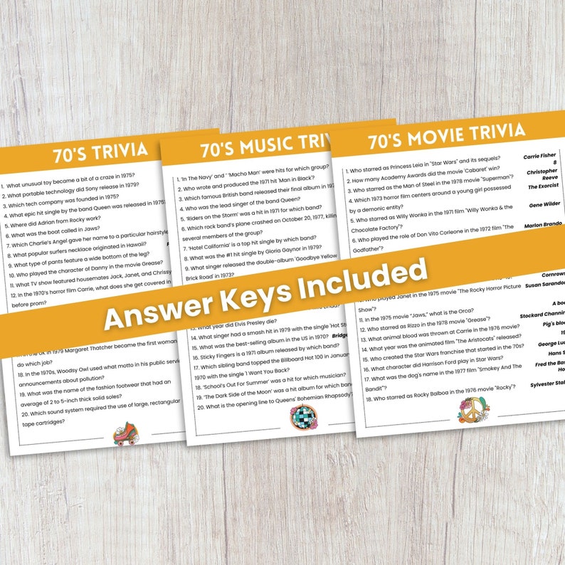 70s Trivia Game Bundle, 70s Music Trivia, 70s Movie Trivia, 70s Party ...