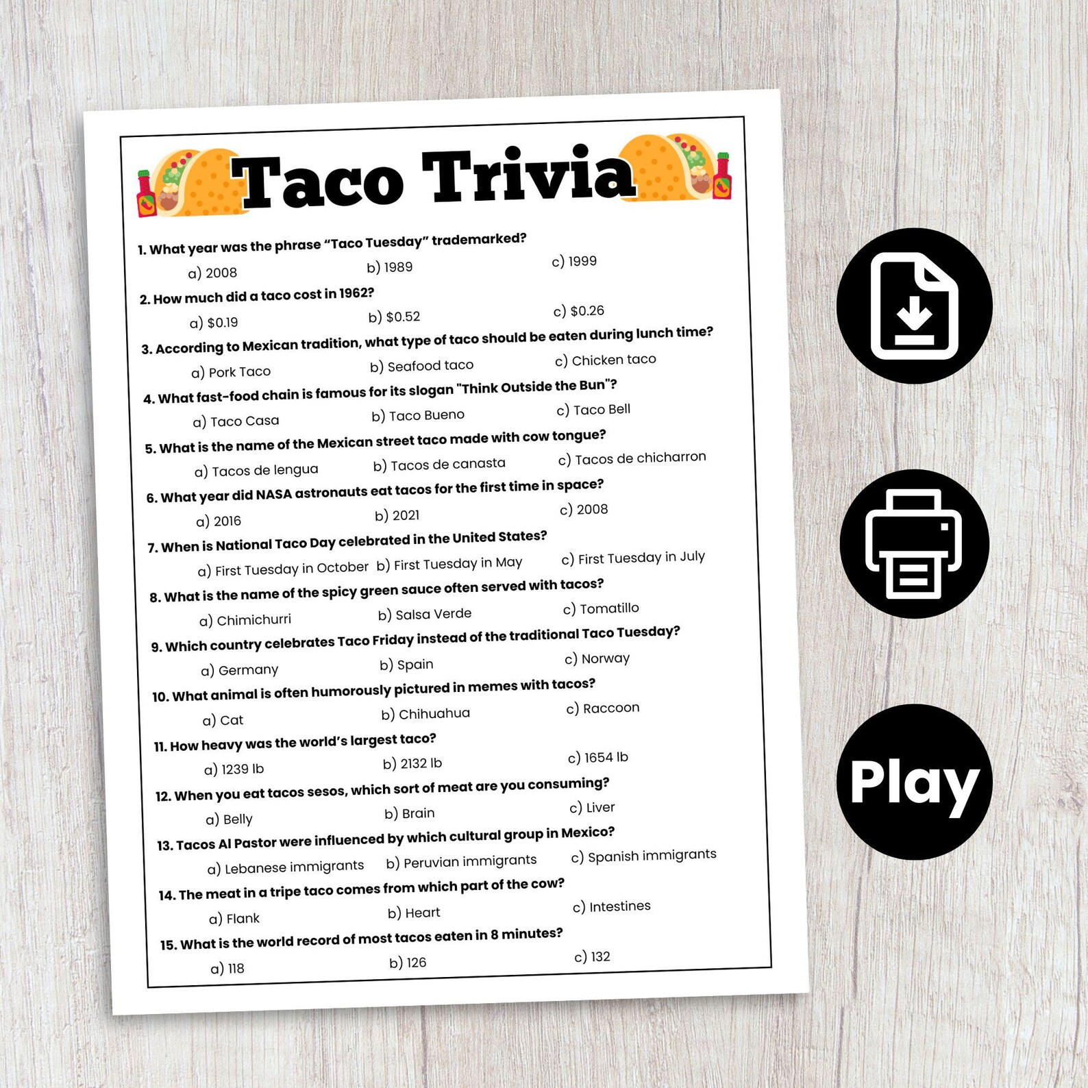 Taco Trivia Game, Fiesta Taco Trivia, Taco Party Game, Food Trivia ...