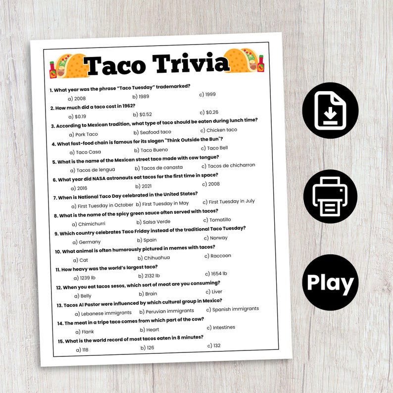 Taco Trivia Game, Fiesta Taco Trivia, Taco Party Game, Food Trivia ...