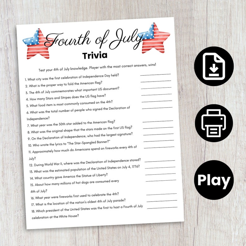 4th of July Trivia Game, 4th of July Printable Games, Trivia Questions ...