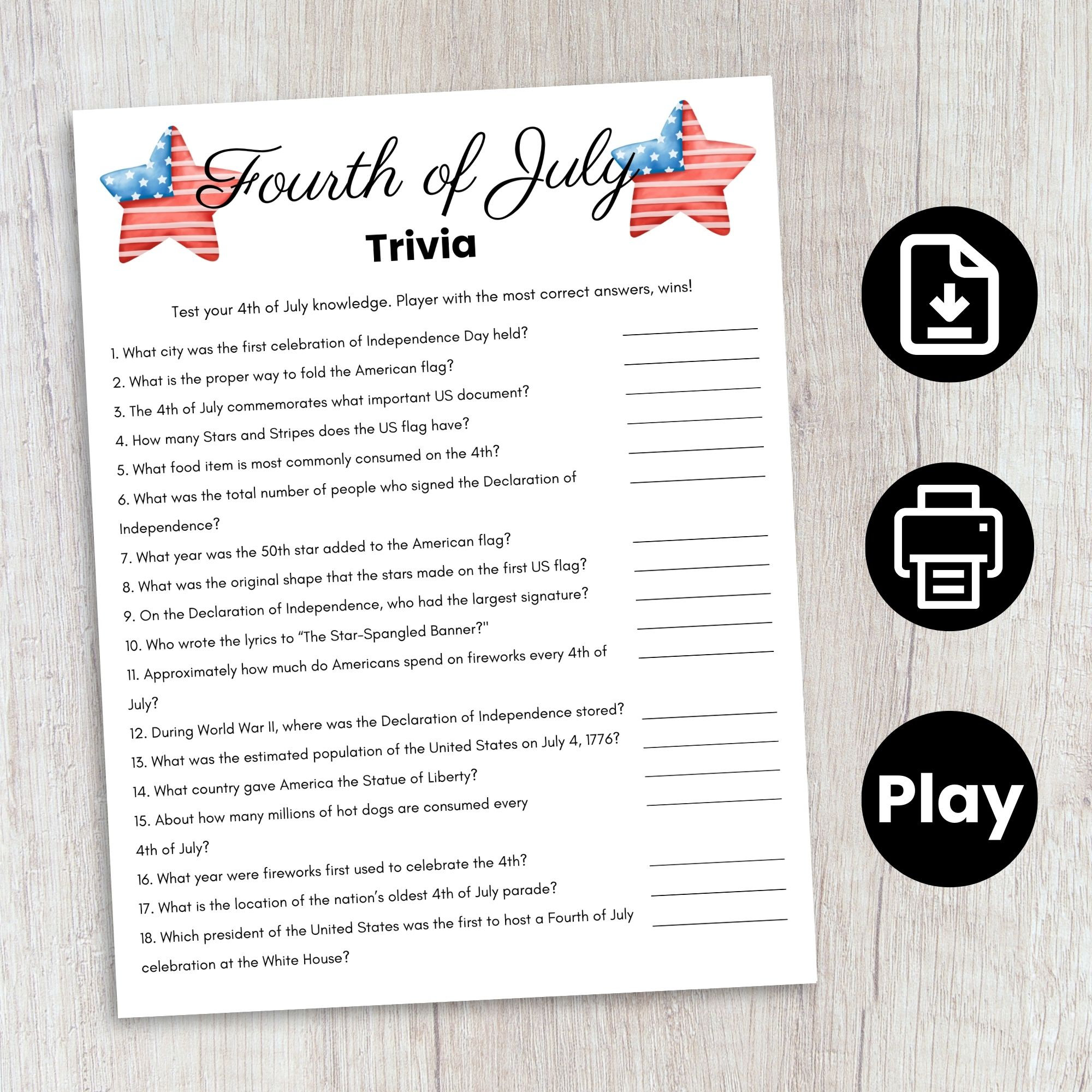 4th of July Trivia Game, 4th of July Printable Games, Trivia Questions ...