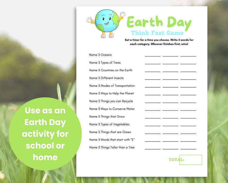 Earth Day Think Fast Game, Earth Day Printable Game for Kids and Adults ...