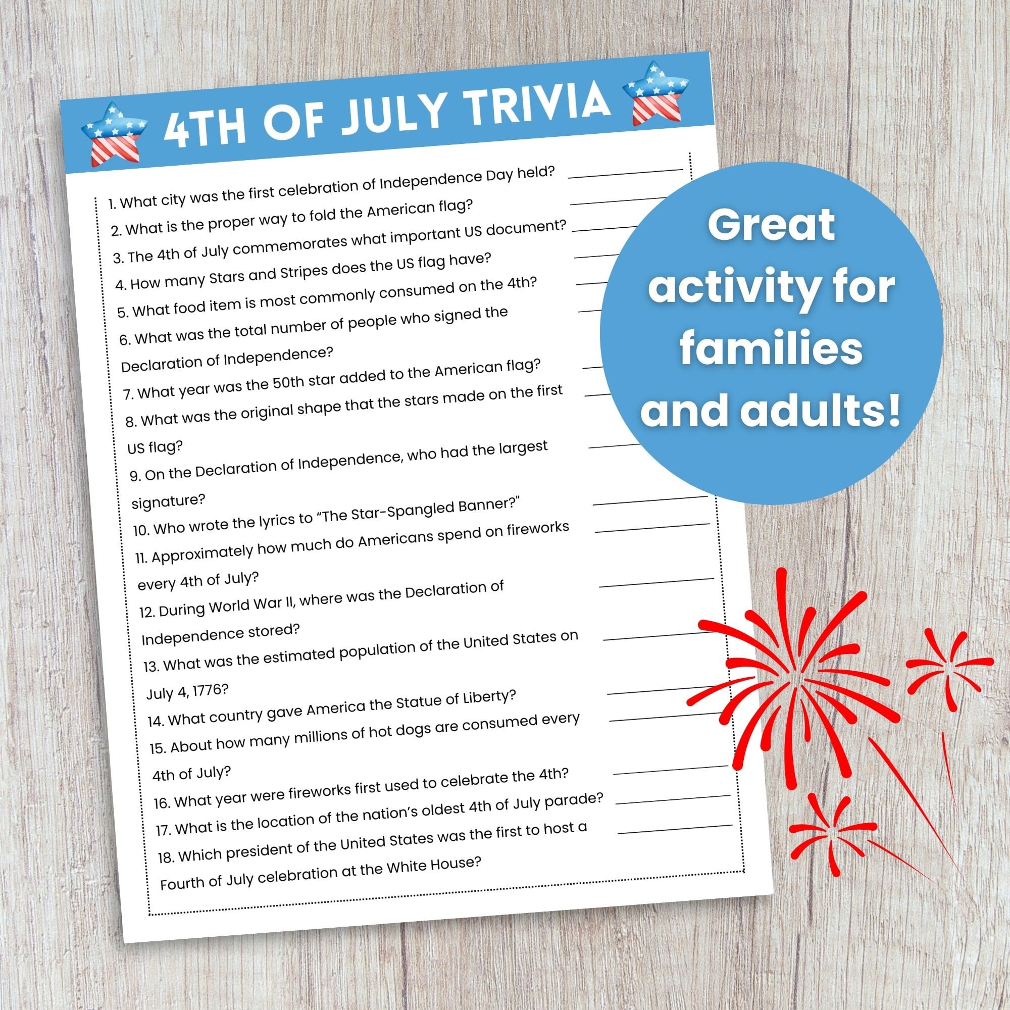 4th of July Trivia Game for Adults and Kids, 4th of July Printable ...