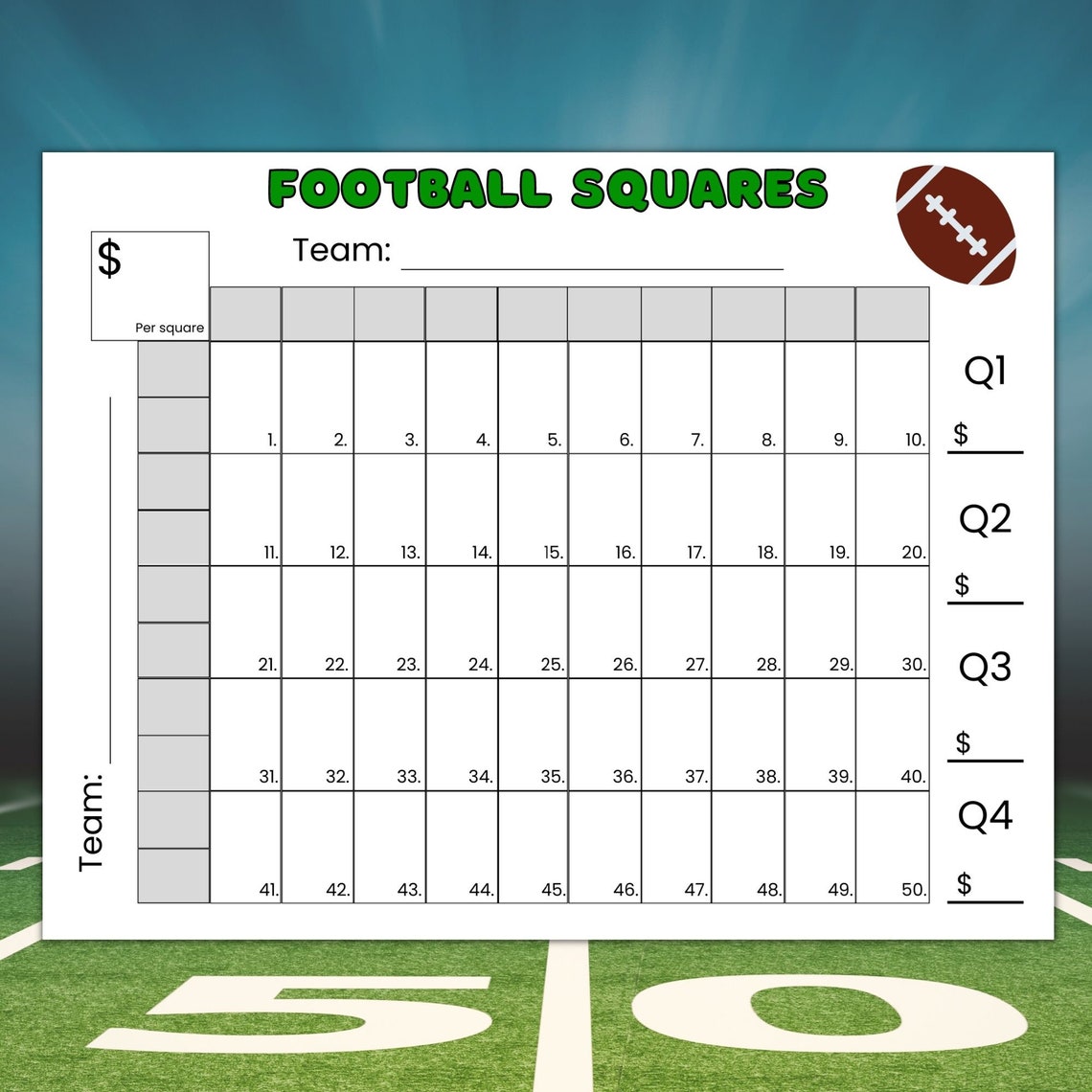 50 Squares Football Squares Game Printable, Football Fundraiser ...