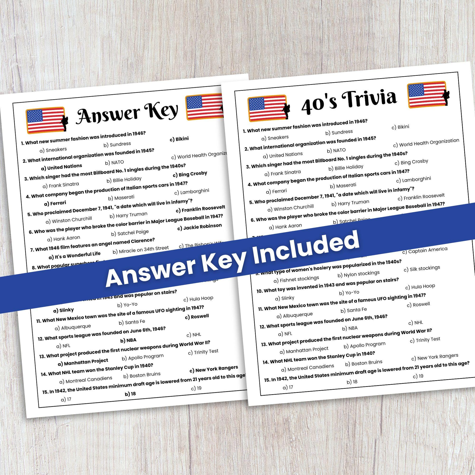 40s Trivia Game, 40s Theme Party Game, Decades Trivia, 1940s Trivia ...