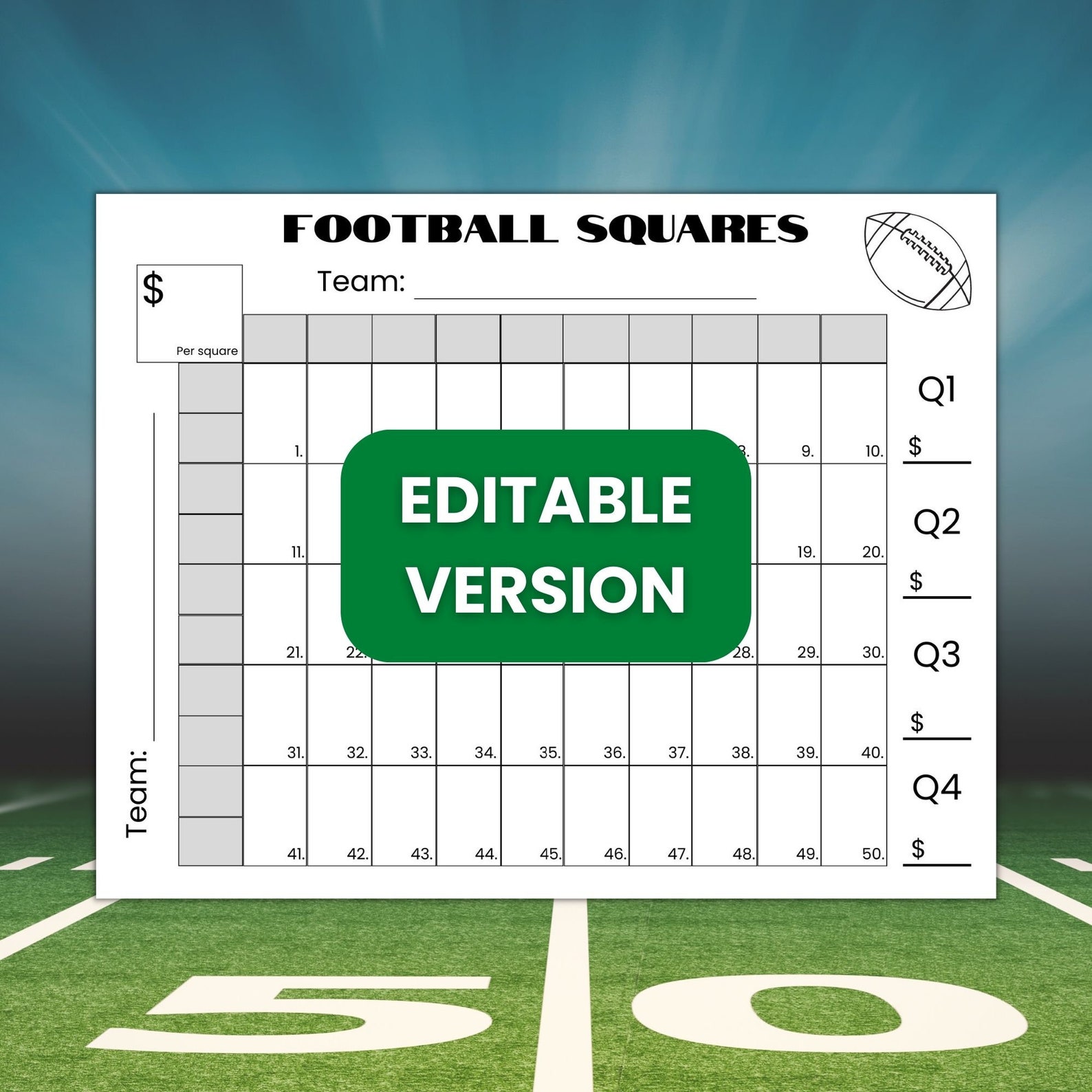 Editable 50 Football Squares Game Printable, Football Fundraiser ...