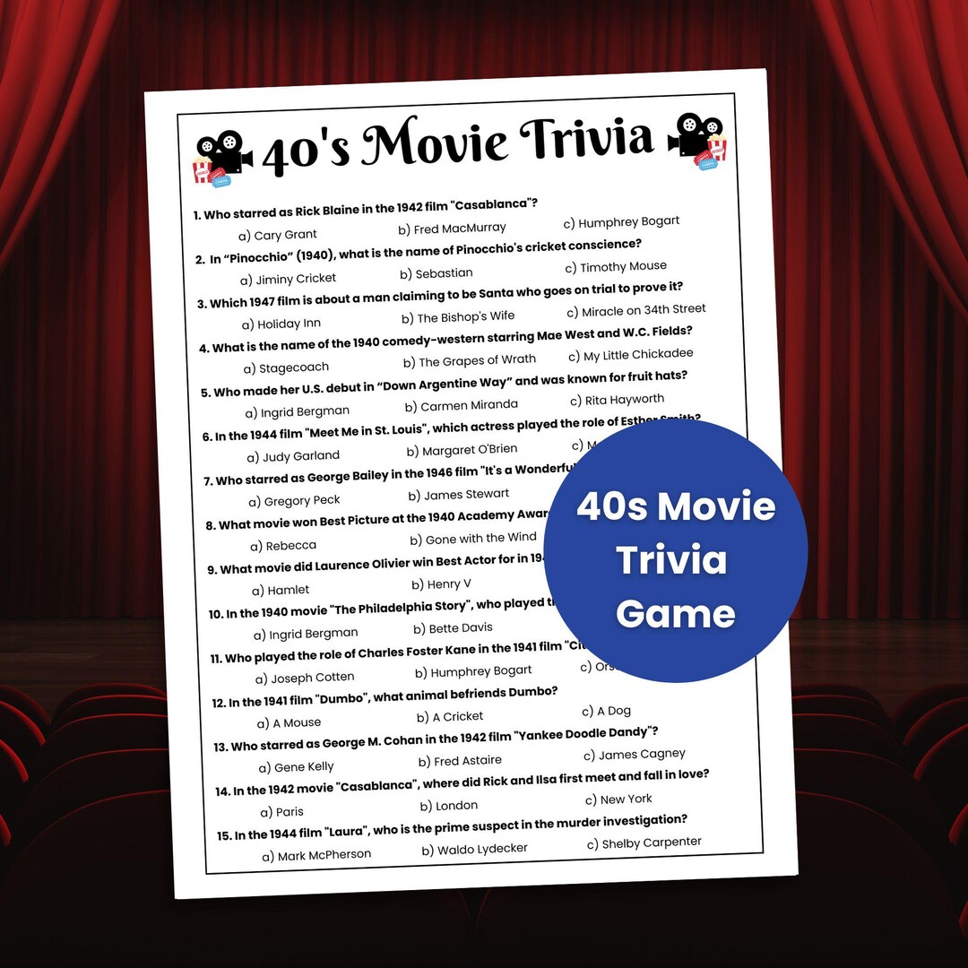 40s Movie Trivia Game, 40s Theme Party Game, 1940s Trivia, Decades ...