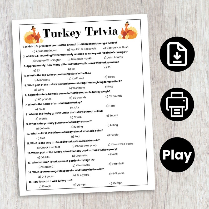 Turkey Trivia Game, Turkey Printable, Turkey Game, Thanksgiving Trivia ...
