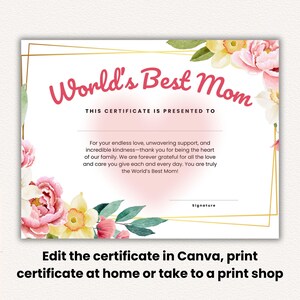 Editable World's Best Mom Certificate, Mom Certificate, Meaningful Mom ...