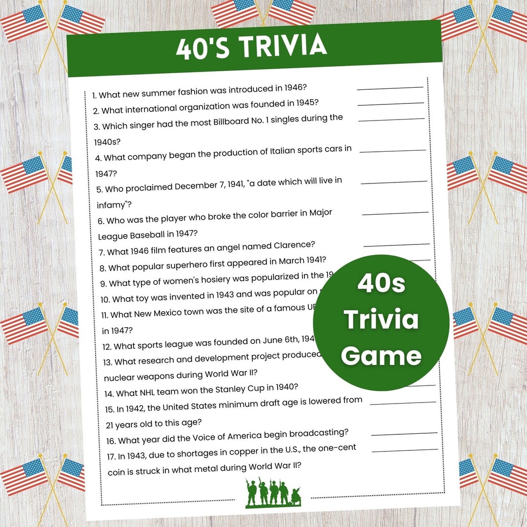 40s Trivia Game, 40s Theme Party Game, Decades Trivia, Patriotic Games ...