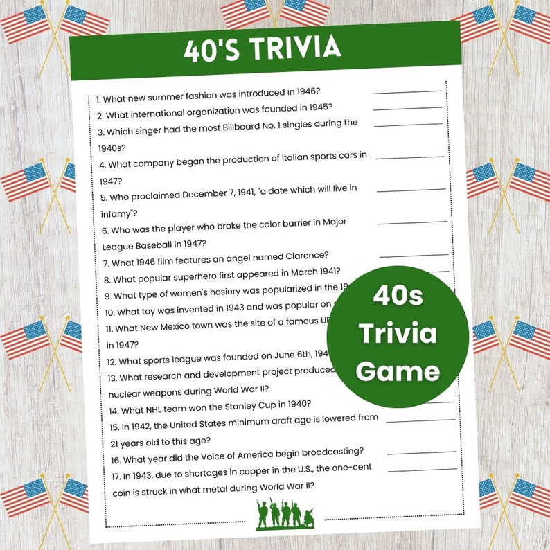 40s Trivia Game, 40s Theme Party Game, Decades Trivia, Patriotic Games ...