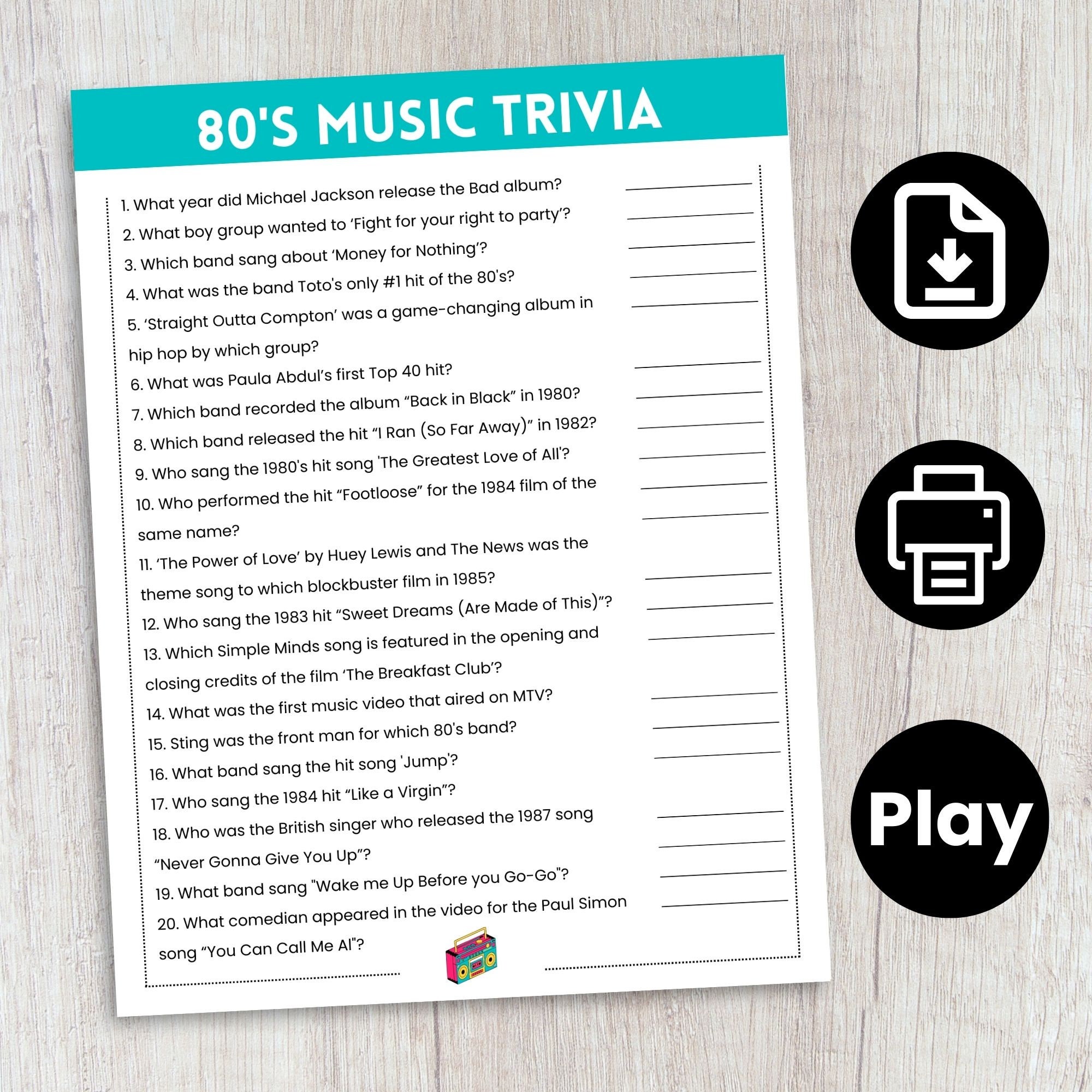 80s Music Trivia Game, 80s Theme Party Game, 80s Trivia, Decades Trivia ...
