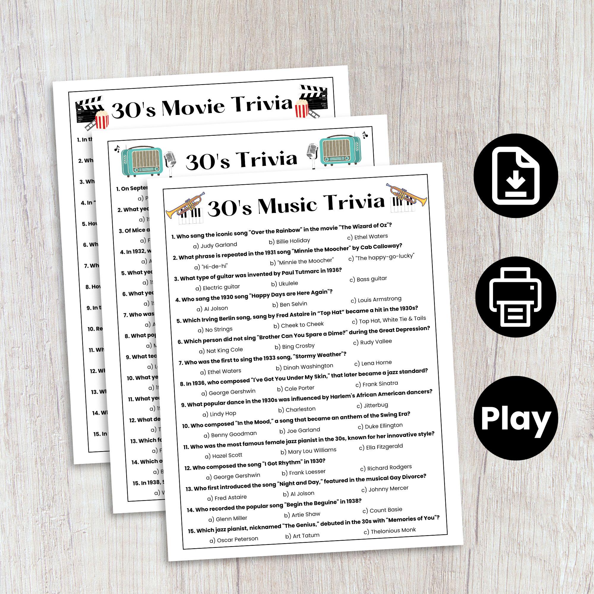 1930s Trivia Game Bundle, 30s Music Trivia, 30s Movie Trivia, Decades ...