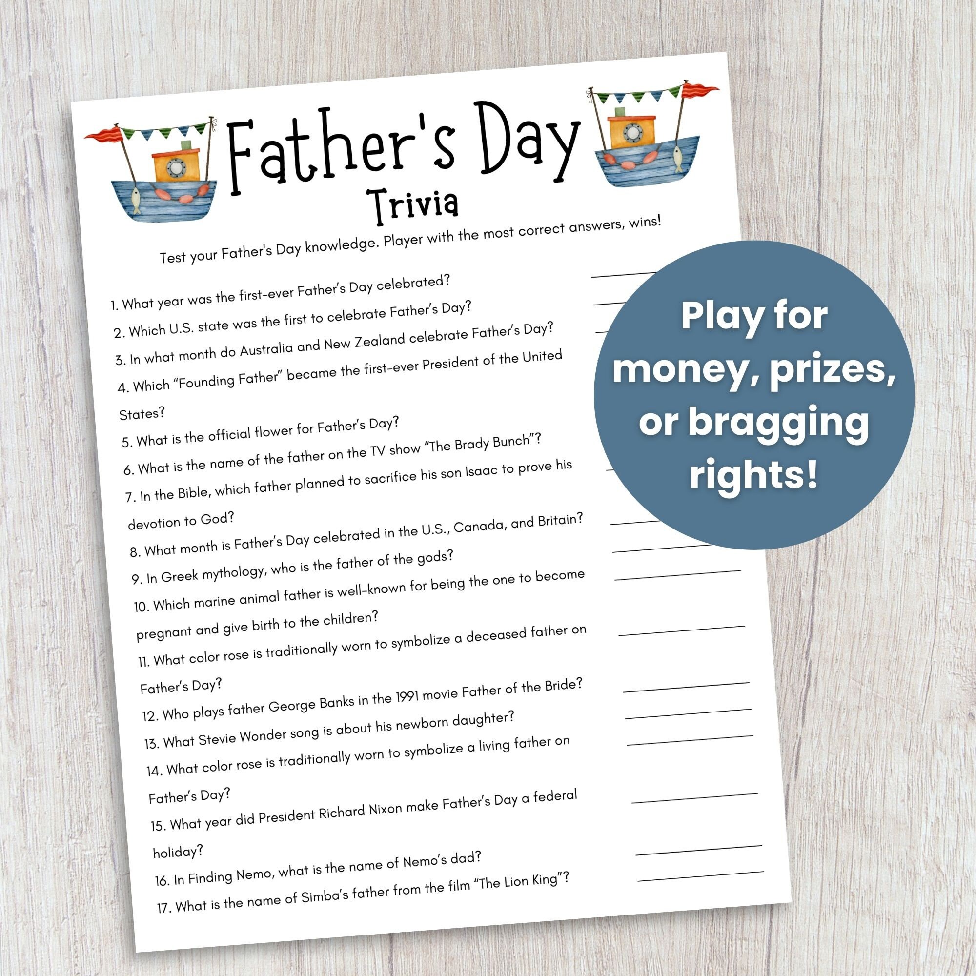 Fathers Day Trivia Game, Fathers Day Games, Seasonal Printable Game ...