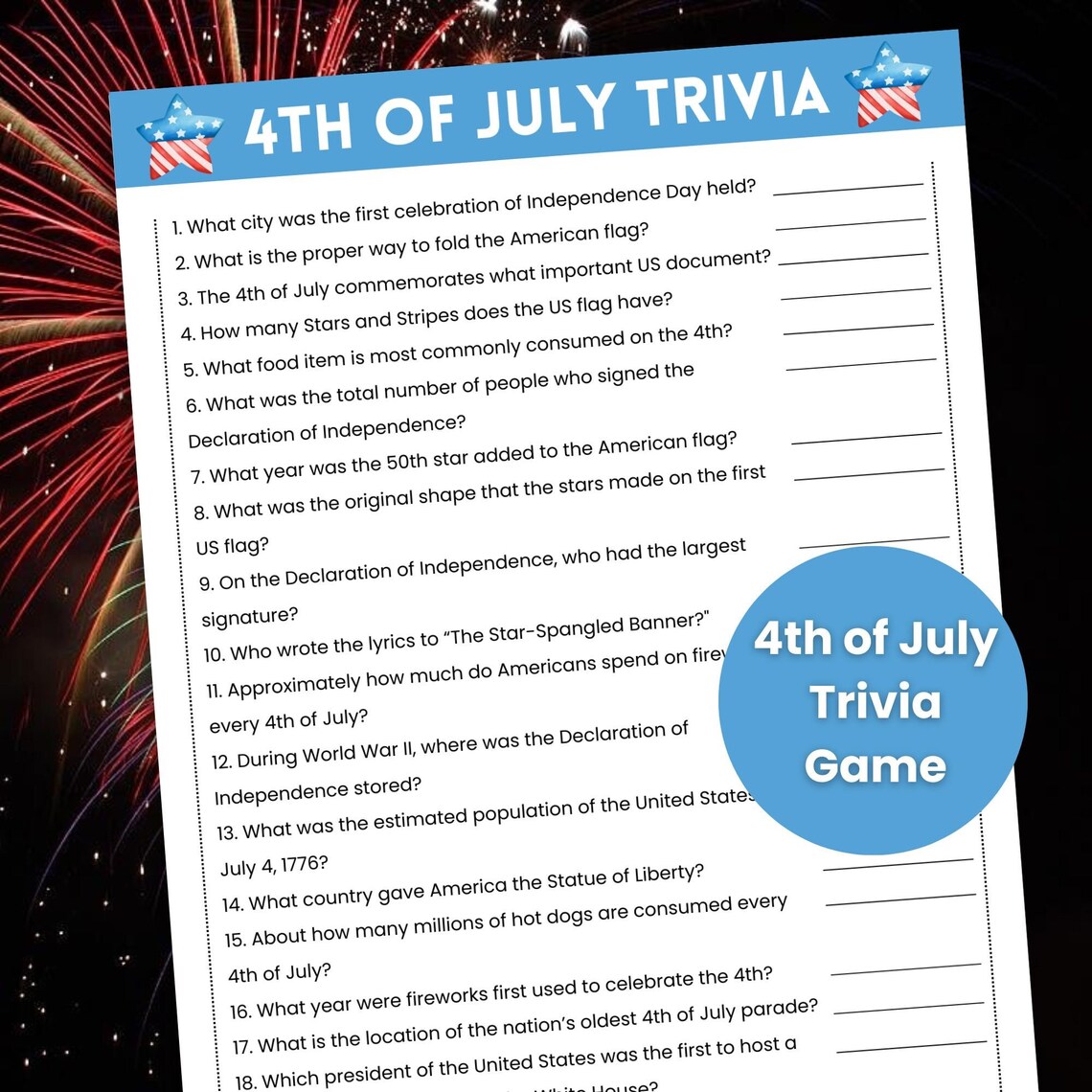 4th of July Trivia Game for Adults and Kids, 4th of July Printable ...