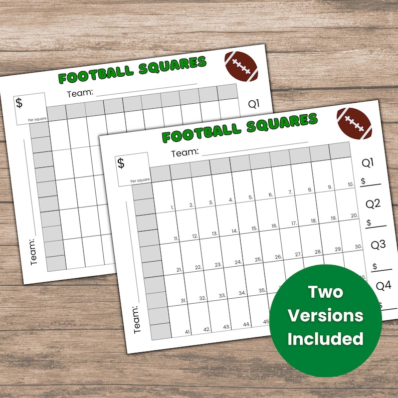 50 Squares Football Squares Game Printable, Football Fundraiser ...
