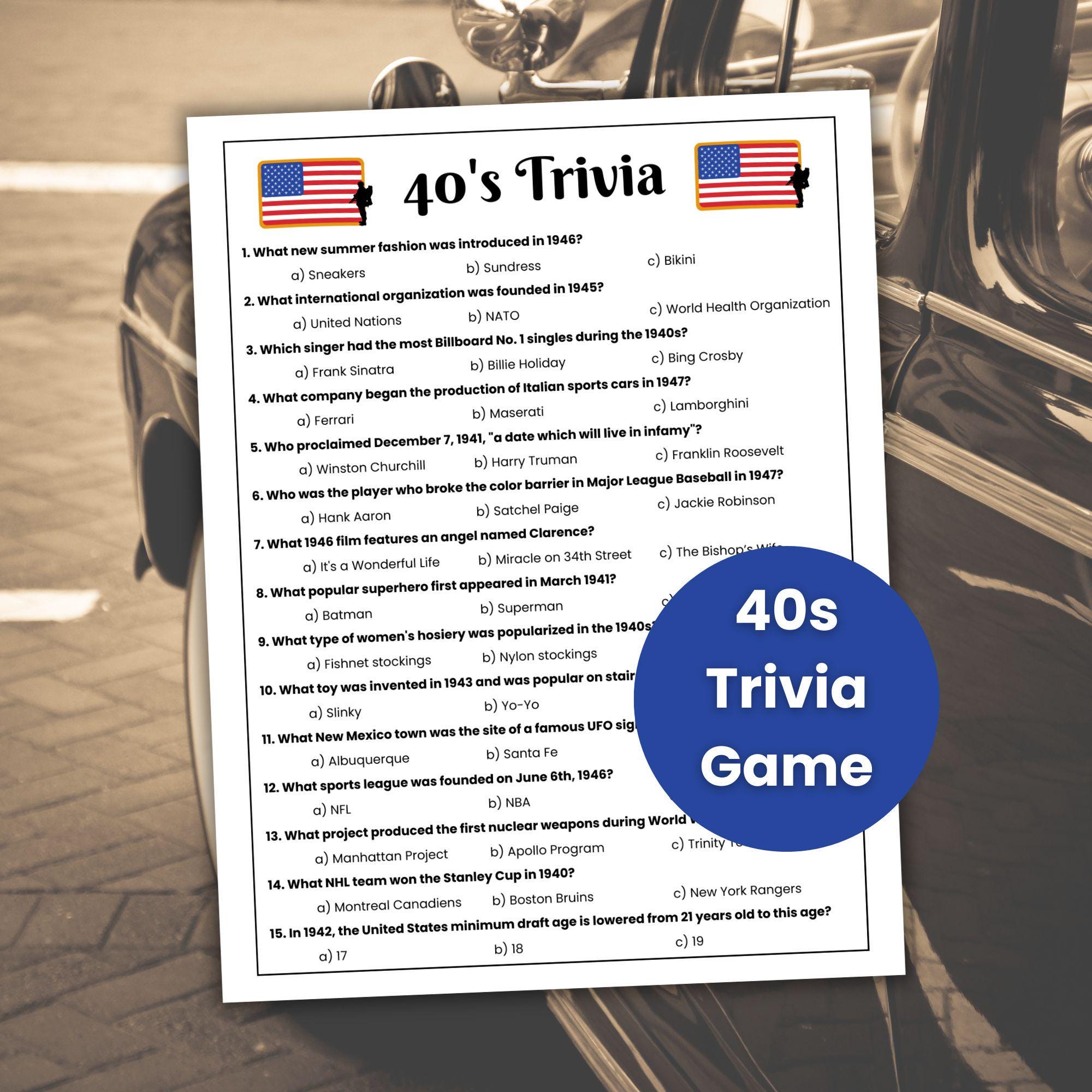 40s Trivia Game, 40s Theme Party Game, Decades Trivia, 1940s Trivia ...
