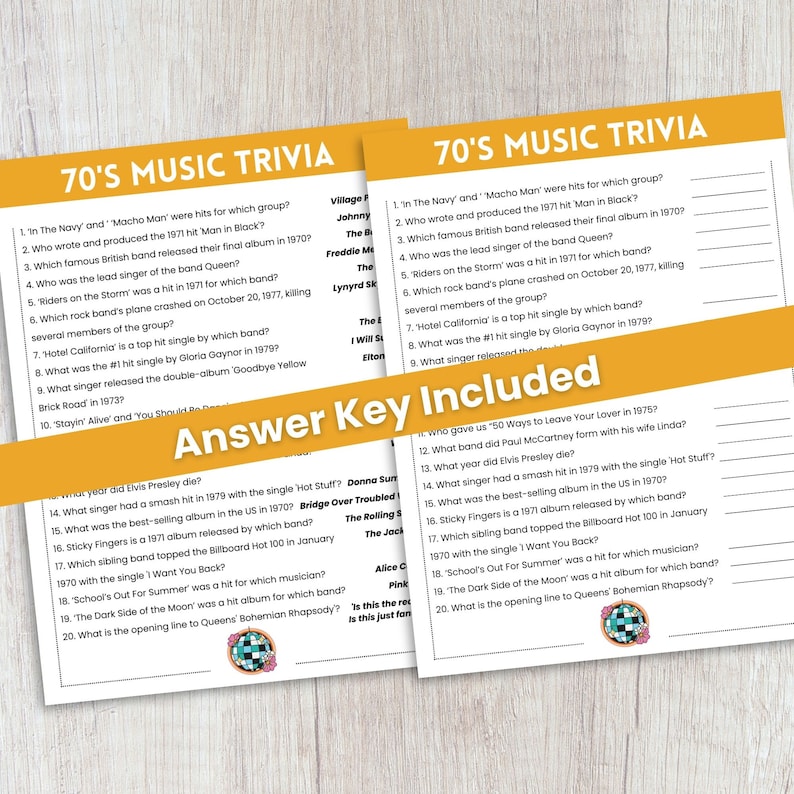 70s Music Trivia Game, 70s Theme Party Game, 70s Trivia, Trivia Game ...