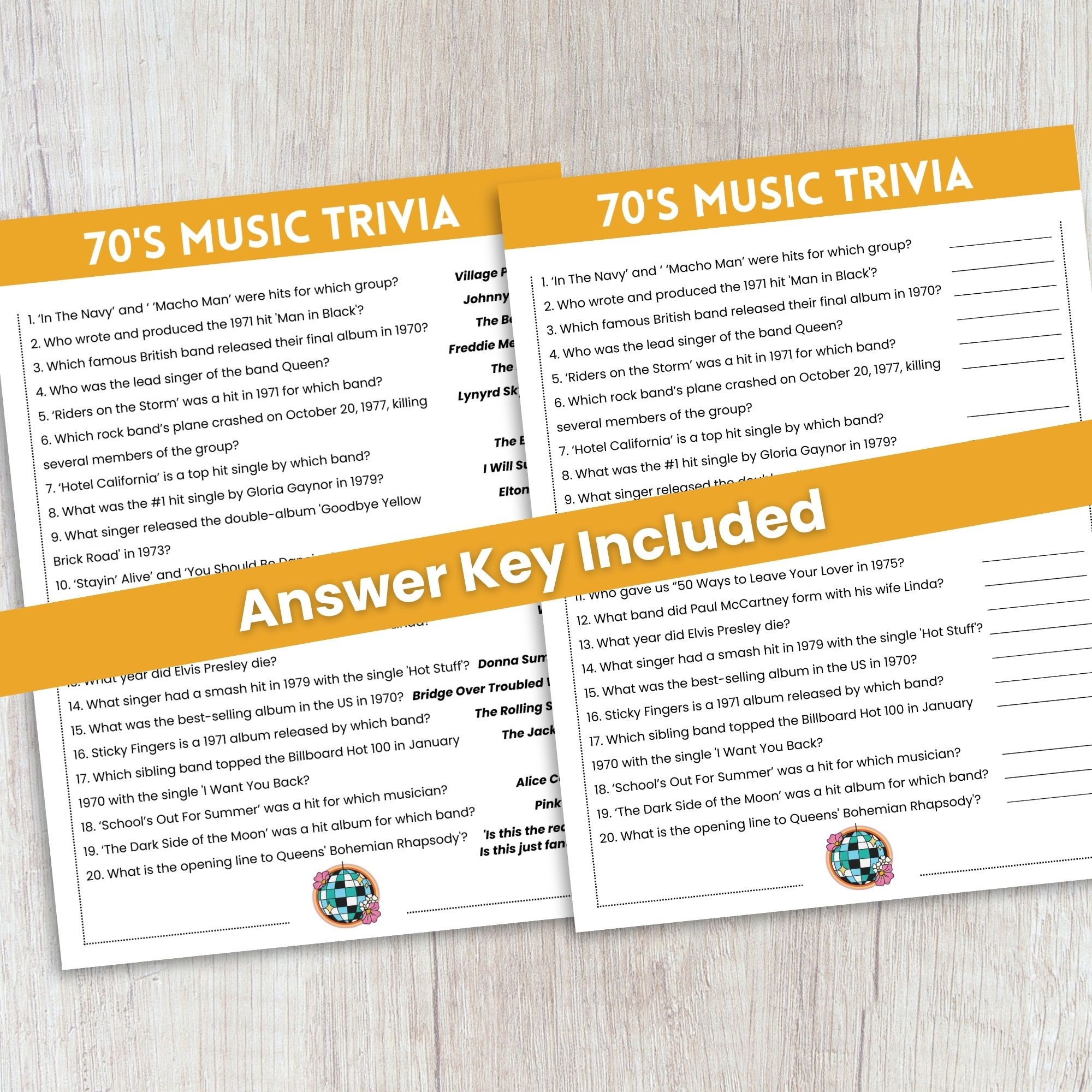 70s Music Trivia Game, 70s Theme Party Game, 70s Trivia, Trivia Game ...