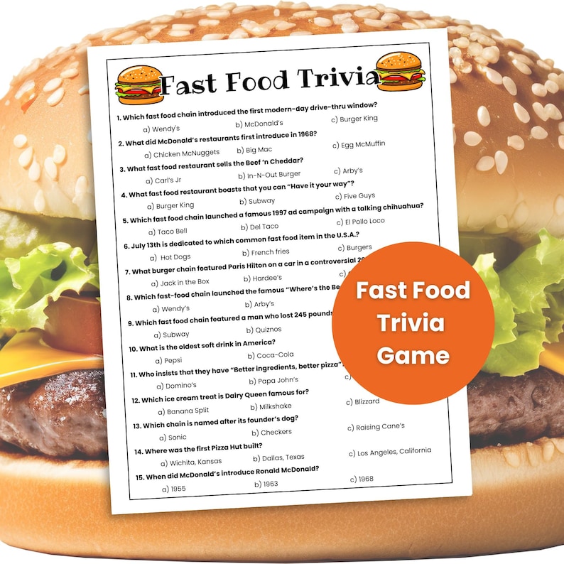 Fast Food Trivia Game, Food Trivia Game, Family Game Night, Trivia for ...