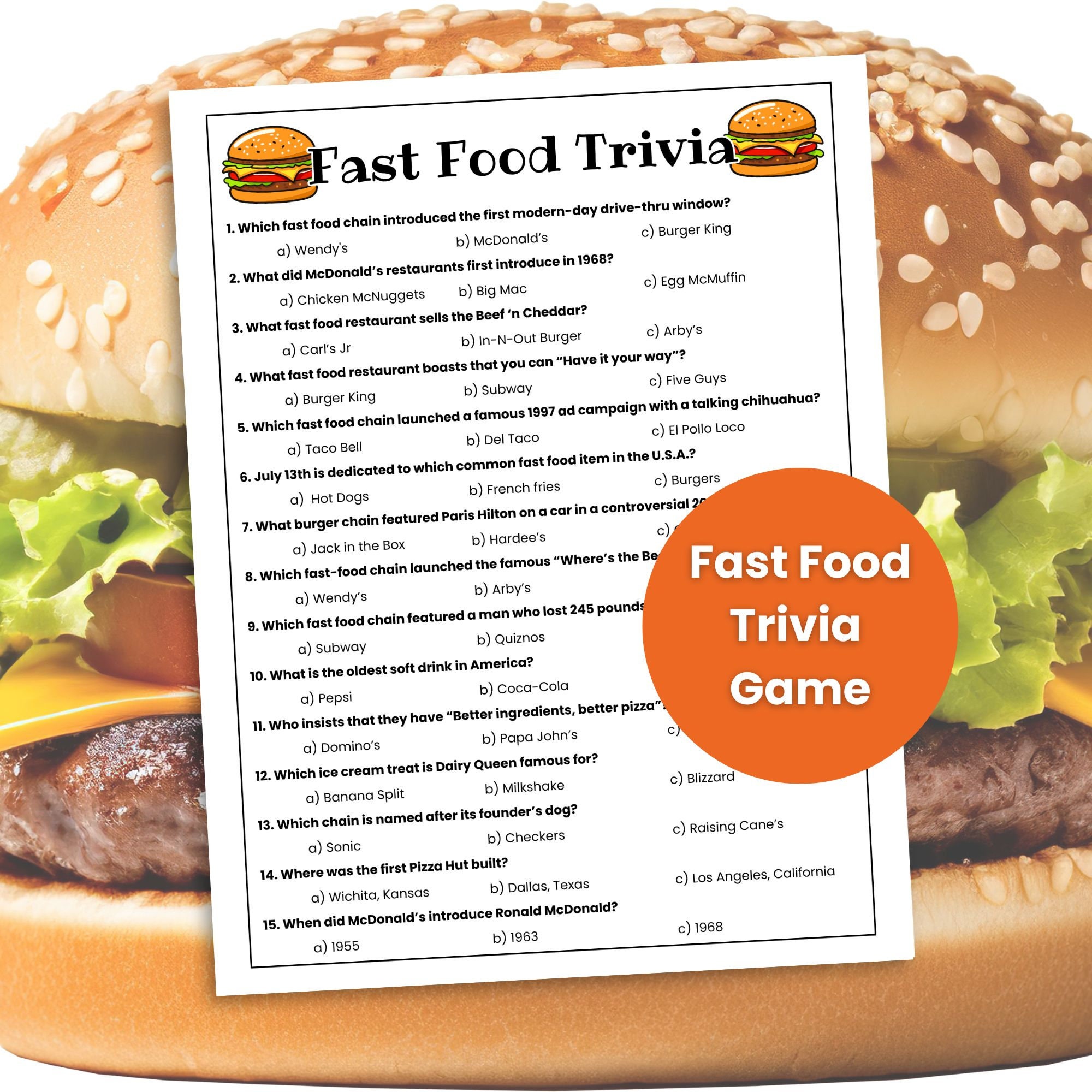 Fast Food Trivia Game, Food Trivia Game, Family Game Night, Trivia for ...