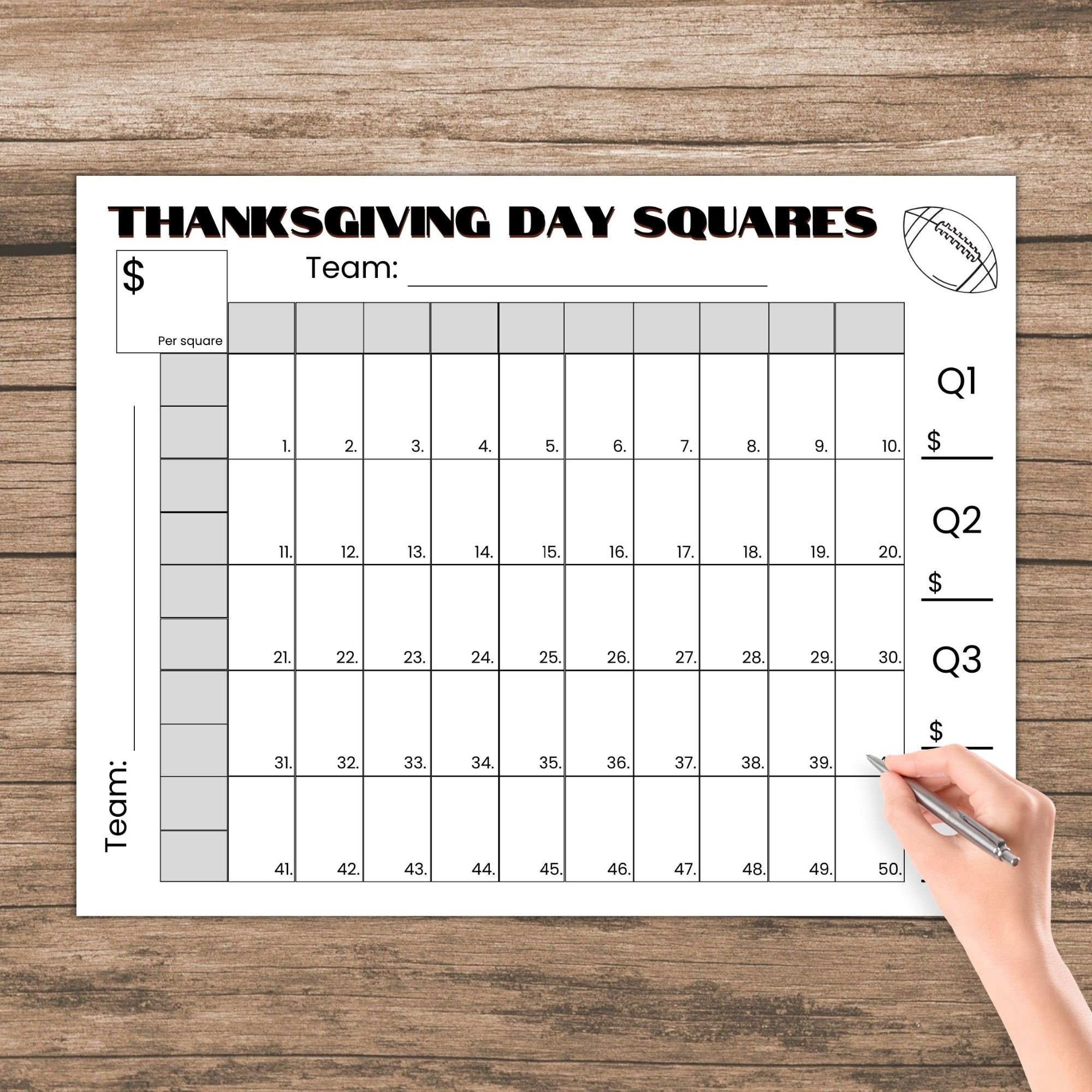 Thanksgiving Day 50 Squares Game, Football Squares Game, Football ...