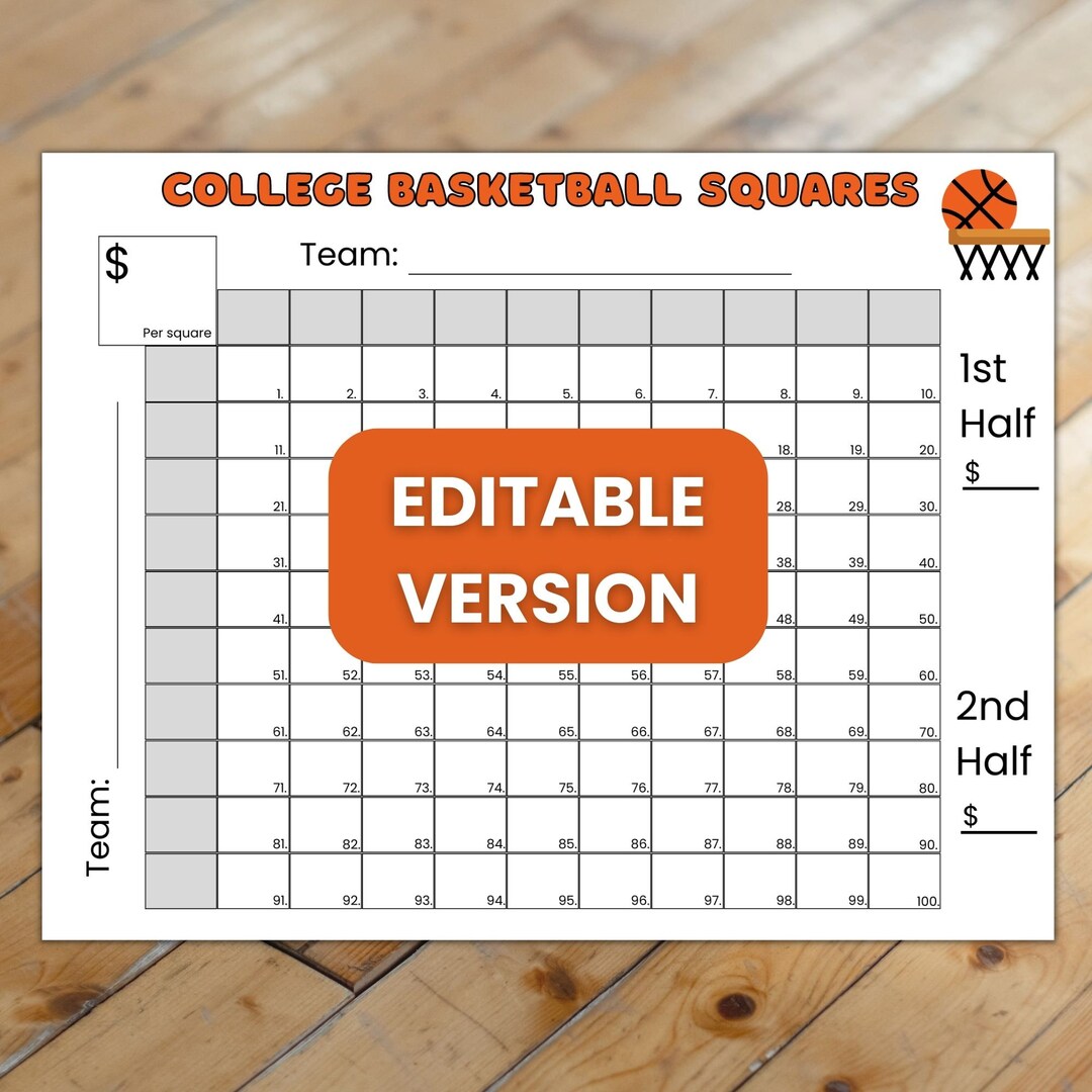 Editable College Basketball Squares Game, Sports Betting Game, 100 ...