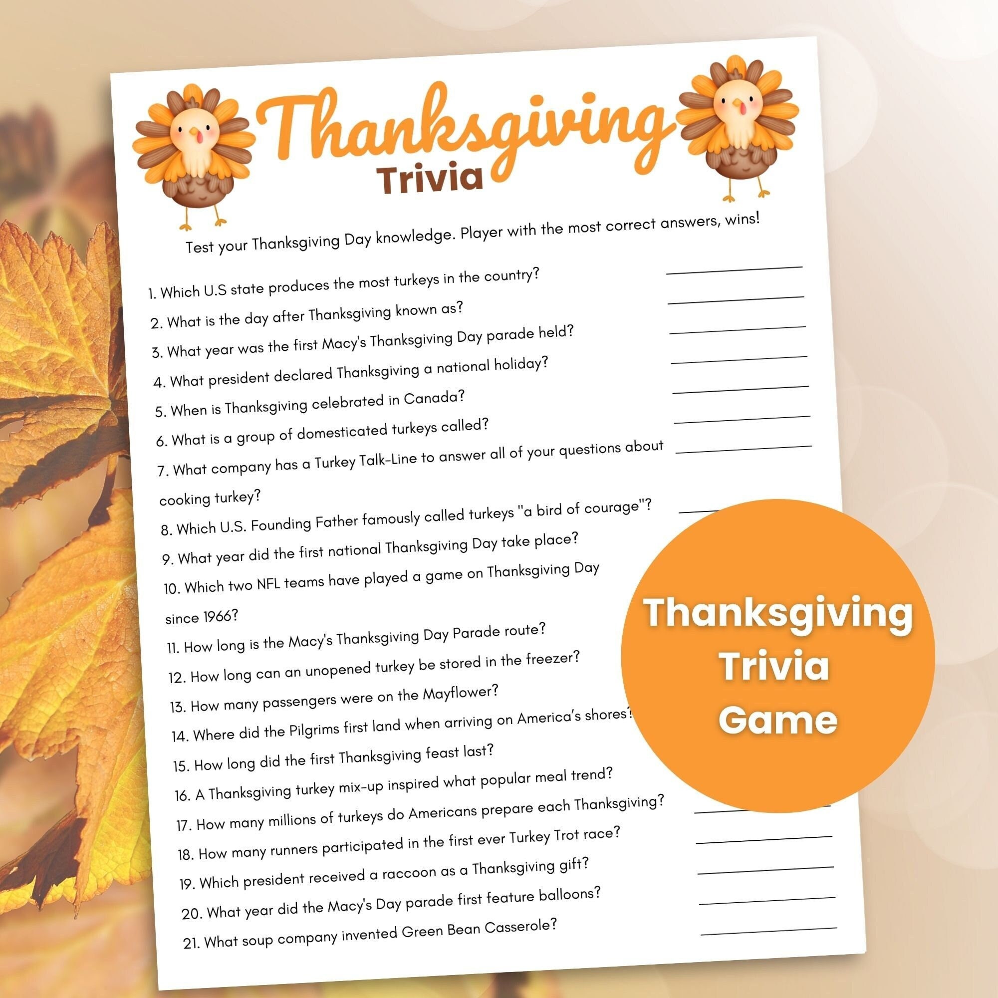 Thanksgiving Trivia Game, Fall Trivia Game, Turkey Trivia, Holiday ...