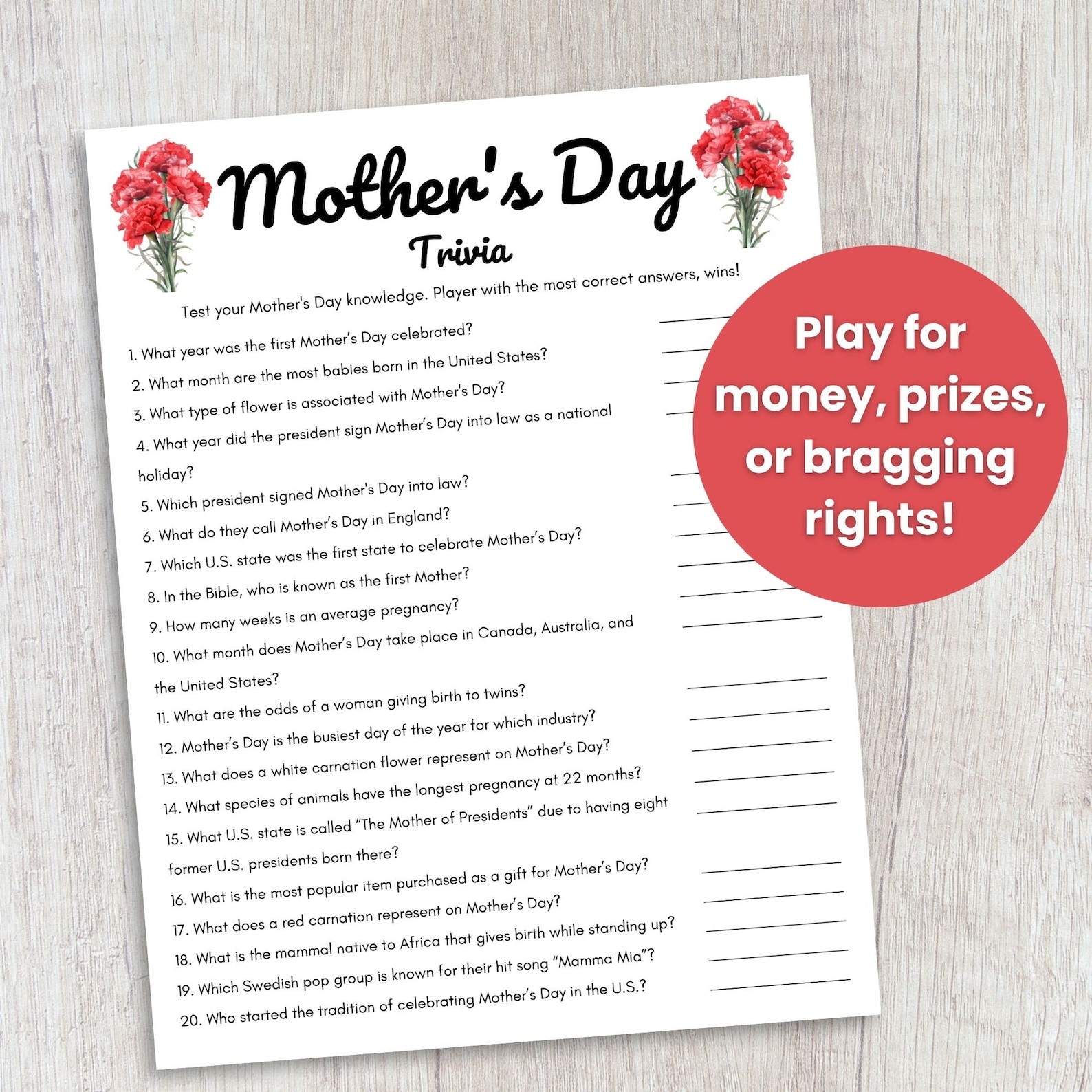 Mothers Day Trivia Game, Mothers Day Games, Seasonal Printable Game ...